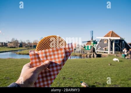 Stroopwafel in Zaanse Schans is a typical Dutch food waffle filled with ...