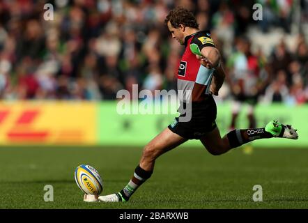 Nick Evans of Harlequins takes a penalty kick during the Heineken Cup ...
