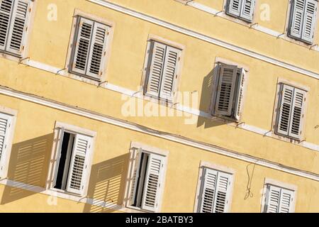 Yellow apartment building facade with green tree branches in sunlight ...