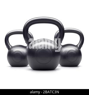 Set of gym kettlebells for workout isolated on blue background. 3d ...