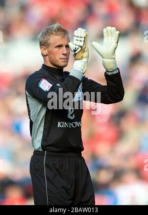 Kasper Schmeichel of Leicester City applauds the Leicester fans after ...