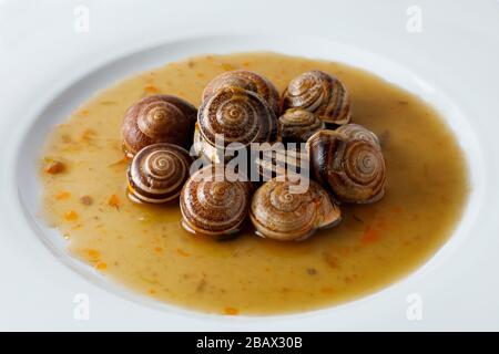 Snails cooked with herb oil on a wooden plate, served with white wine ...