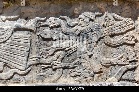 Bas-relief carving with indian warrior and serpents, pre-Columbian Maya ...