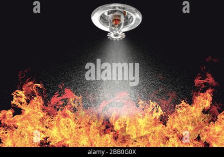 Image of Fire Sprinklers Spraying with fire background. Fire sprinklers ...