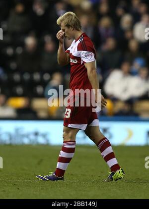 Middlesbrough's Curtis Main holds his head in his hands after being ...
