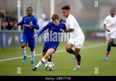 Chelsea's Joe Haigh (left) and Lille's Yassine Ben Hamed battle for the ...