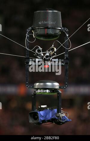 A Spider Cam camera suspended by wires in action during the Men's Rugby ...
