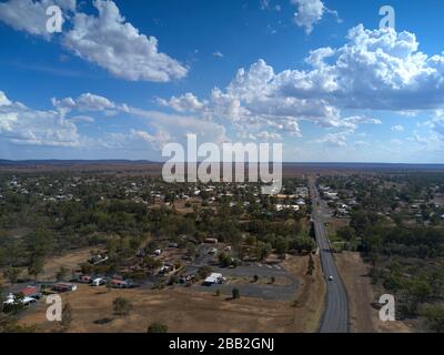 Aerial of the town of Mitchell on the banks of the Maranoa River ...