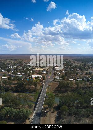 Aerial of the town of Mitchell on the banks of the Maranoa River ...