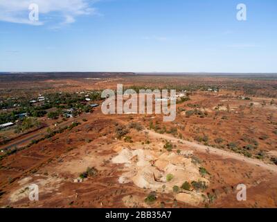 Aerial of the isolated opal mining village of Yowah in far Western ...