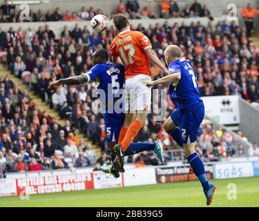 Blackpool's Chris Basham scores with this header against Leicester City ...
