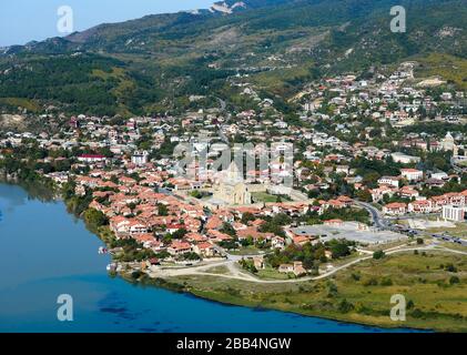 Historic town of Mtskheta, Georgia showing Svetitskhoveli Cathedral and ...