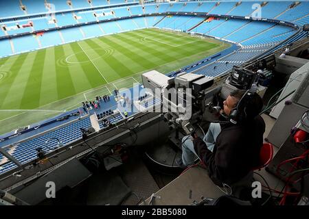 General view showing television cameras in the Etihad Stadium Stock ...