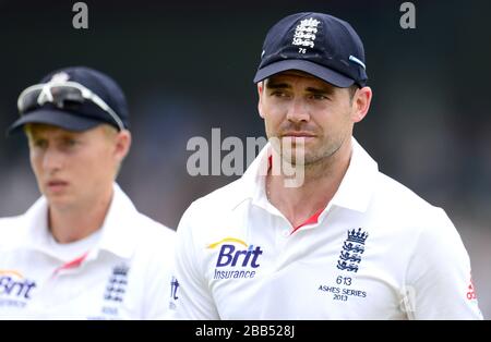 England's James Anderson and Joe Root celebrate during day four of the ...