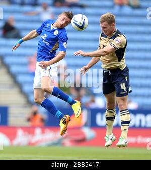 Leicester City's Jamie Vardy and Leeds United's Tom Lees Stock Photo ...