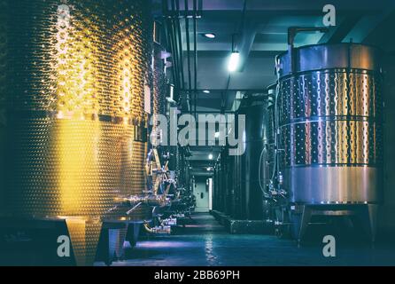 Modern wine cellar, factory with large metallic clean shine stainless ...