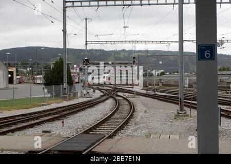 Swiss Train station Bulle, Gruyère in the canton of Fribourg ...