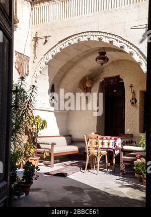 VIew of a terrace in Goreme cave town in Cappadocia, Turkey Stock Photo ...