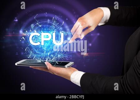 Close-up of a touchscreen with CPU abbreviation, modern technology ...