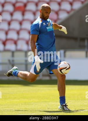 Blackpool's goalkeeper coach Tony Warner before game against Newcastle ...