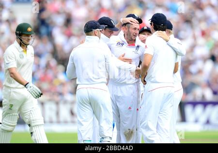 England players celebrate taking the wicket of New Zealand's Daryl ...