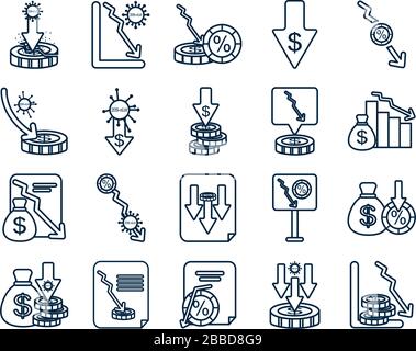 graphic charts and stock market crash icon set over white background ...