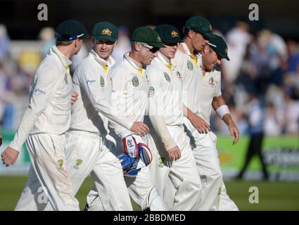 Australia's Michael Clarke (2nd left) celebrates scoring a century on ...