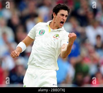 Australia's Mitchell Starc celebrates the wicket of England's Mark ...