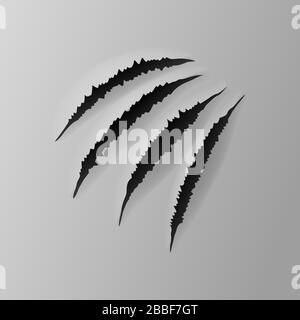 Realistic torn grey paper, four claws scratches with jagged edges in ...