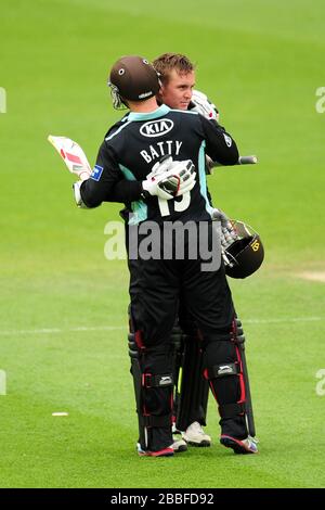 L-R: Surrey's Jason Roy, Gareth Batty and Gary Wilson celebrate Stock ...