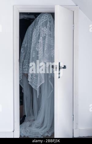 A spooky ghost with a sheet over them. Standing in a closet with the ...