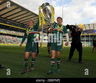 Leicester Tigers' Matthew Tait and Toby Flood celebrate with the trophy ...