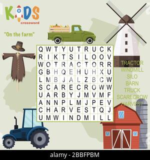 Vector on the farm word search puzzle for kids. Simple farm word search ...