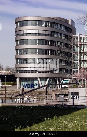 View into the Duisburg inner harbor, the marina with motorboats, motor ...