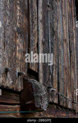 details of historical wooden barn in traditional Austrian farmhouse ...