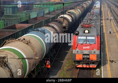 Freight trains on the BAM railway line in the railway sation of ...