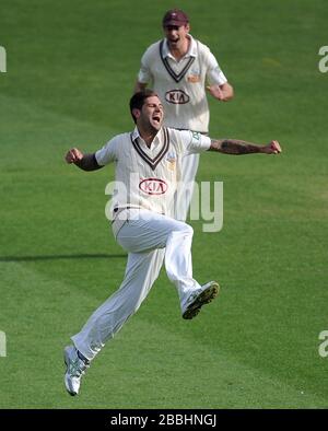 Surrey's Jade Dernbach celebrates after taking the wicket of Middlesex ...