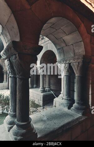 Hallway in Romanesque monastery in village in Pueblo Espanol Barcelona ...