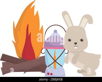 camping cute rabbit lantern bonfire tree sun clouds cartoon vector ...