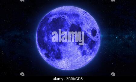 Full pink and blue moon with star at dark night sky background. 3D ...
