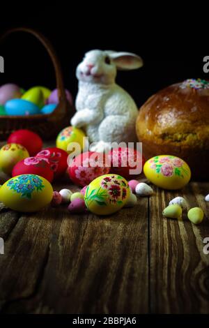 Easter composition with kulich and Easter eggs. Hand drawn contour on ...