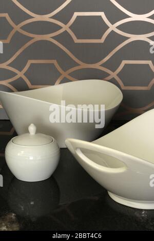 Empty ceramic marble and gray plates on two-color double background ...