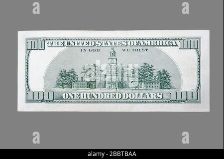 Close-up of the reverse side of a hundred dollar bill, United States ...