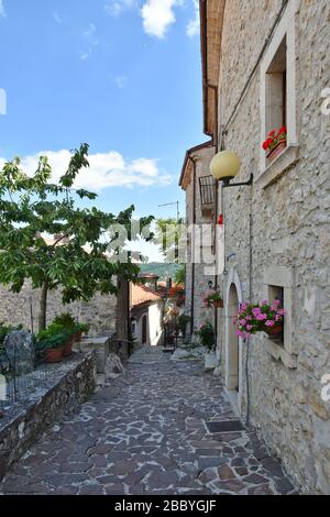 A narrow street between the houses of Scontrone, a village in the ...