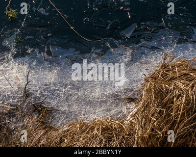 Thin ice textures on water, blue color ice textures Stock Photo - Alamy