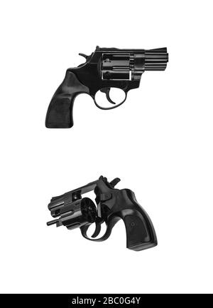 Small black gun revolver isolate on white background. Pocket pistol for ...