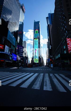 Empty times square, main billboard electronic signage, covid19 warnings ...