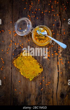 Jar of homemade red lentil paste Stock Photo - Alamy