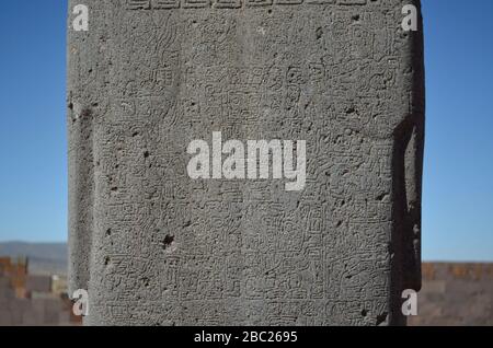 Decorative relief on the back of the Monolito Ponce at Tiwanaku ...