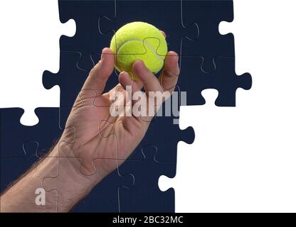 Hand hold Tennis ball on blue background Stock Photo - Alamy